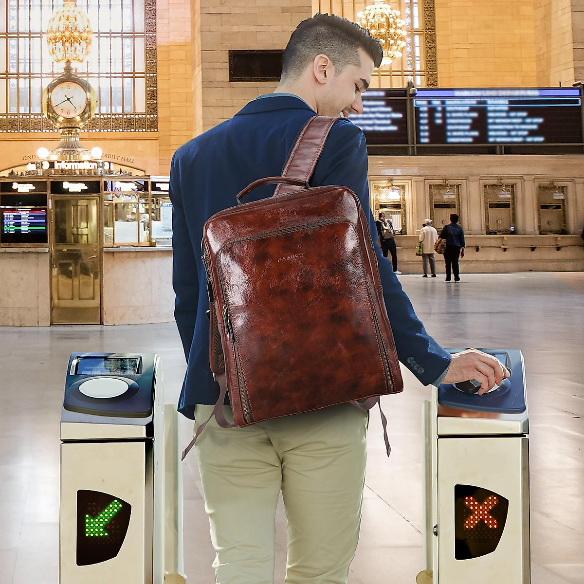 Banuce Vintage Full Grain Italian Leather Backpack for Men Travel Laptop Backpack Work Bag with Luggage Strap Brown