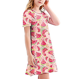 Summer Watermelon Dress Girl Short Sleeve Tshirt Dresses Tropical Pink Midi Flare Dress 11-12 Years