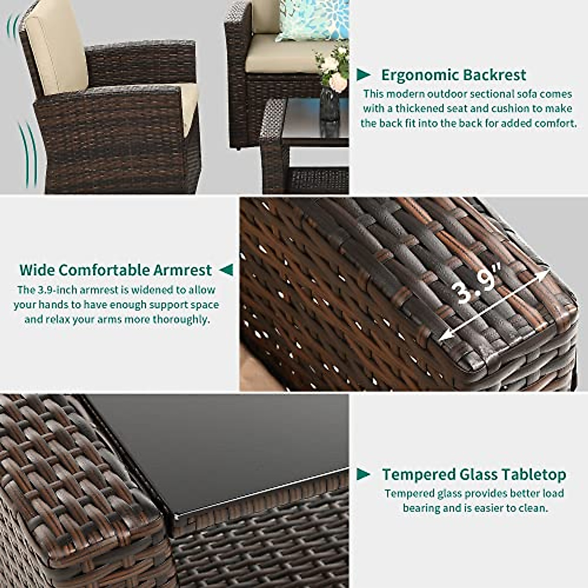 YITAHOME 5 Piece Patio Furniture Sets, All-Weather Outdoor Patio Conversation Set, PE Rattan Wicker Small Sectional Patio Sofa Set with Table, Brown