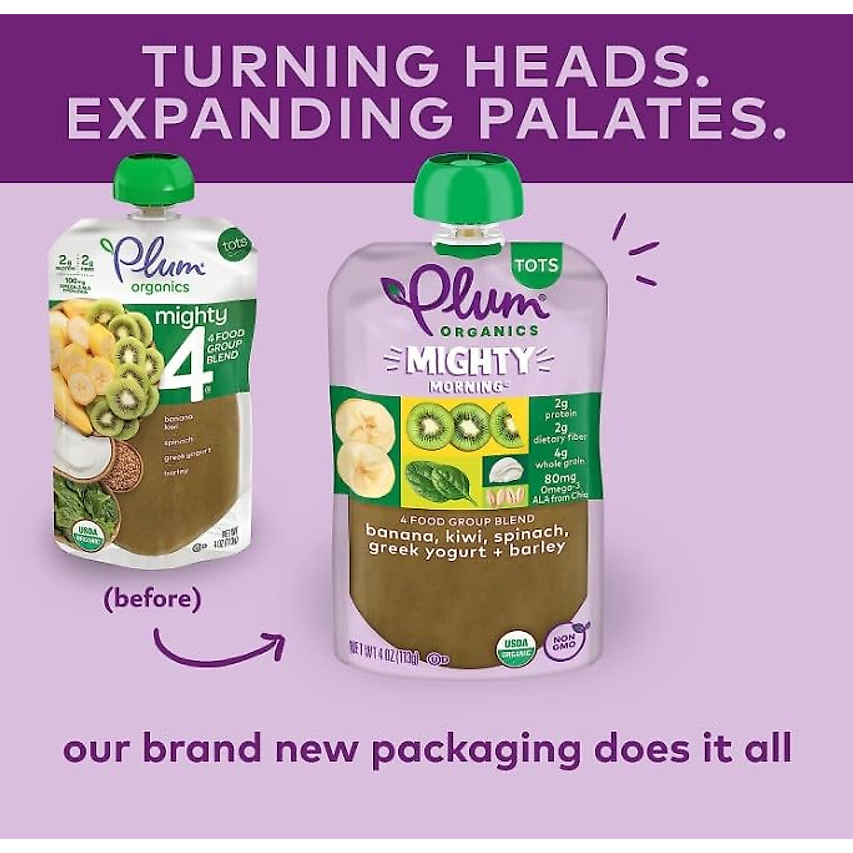 Plum Organics | Mighty Food Group Blend | Organic Baby Food Meals [12+ Months] | Banana, Kiwi, Spinach, Greek Yogurt & Barley | 4 Ounce Pouch (Pack Of 6) Packaging May Vary