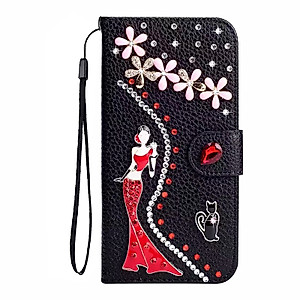 Girlyard Case for Samsung Galaxy A32 5G, Bling Glitter Rhinestone Premium PU Leather Wallet Case with Card Holder Flip Magnetic Kickstand Shockproof Protective Cover - Black, Beauty in Red Dress
