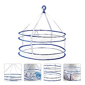 Healifty 1pc Hanging Mesh Dryer Gauze Steel Wire Round Shaped Windproof Detachable Double- Layer Foldable Clothes Drying Net Steel Ring Design Flat Clothes Drying Net for Underwear Lingerie (Blue)