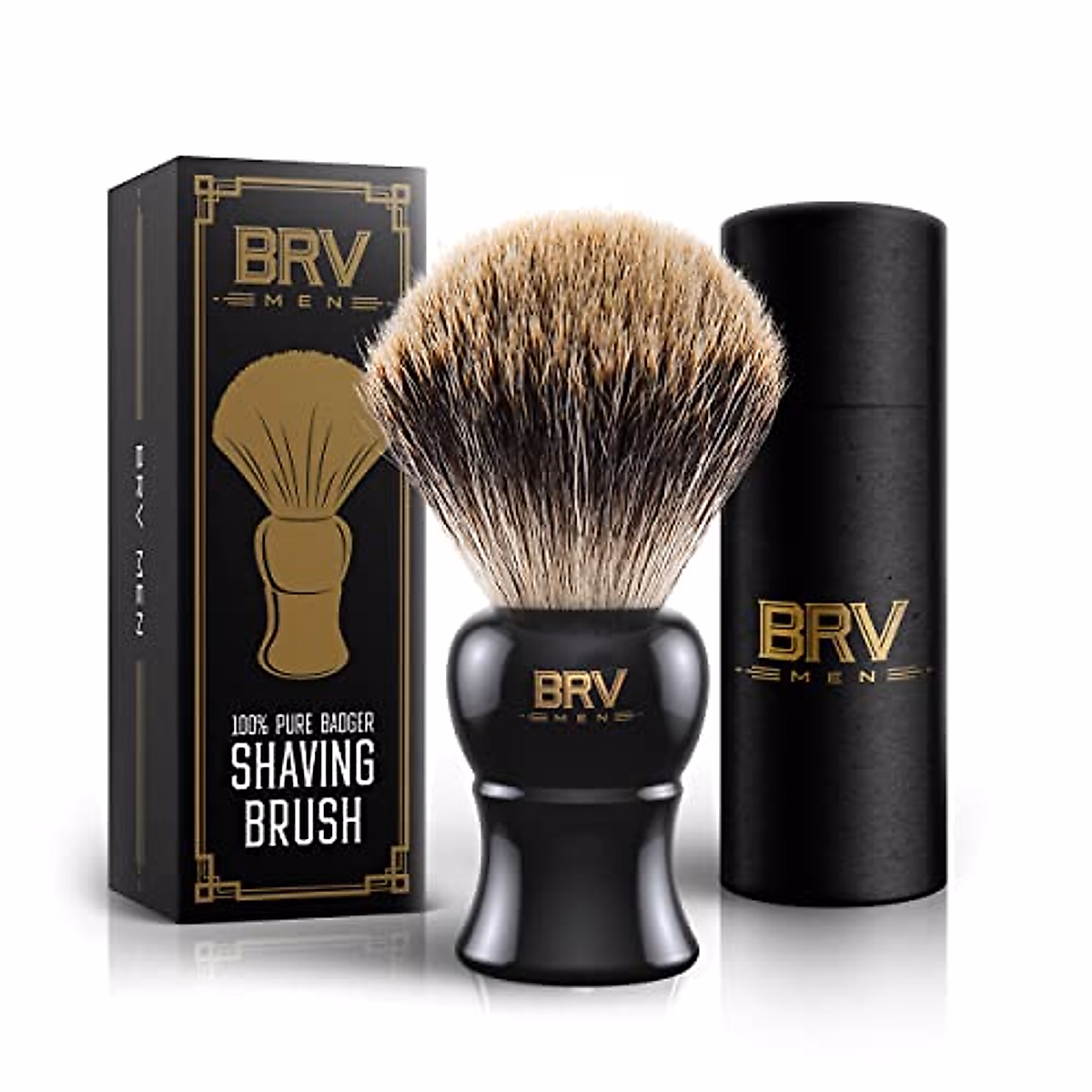 BRV MEN Pure Badger Shaving Brush (19mm knots) - Heavy Resin Handle - Use with Double-Edge Safety Razor, Straight Razor and Shaving Bowl (Black)