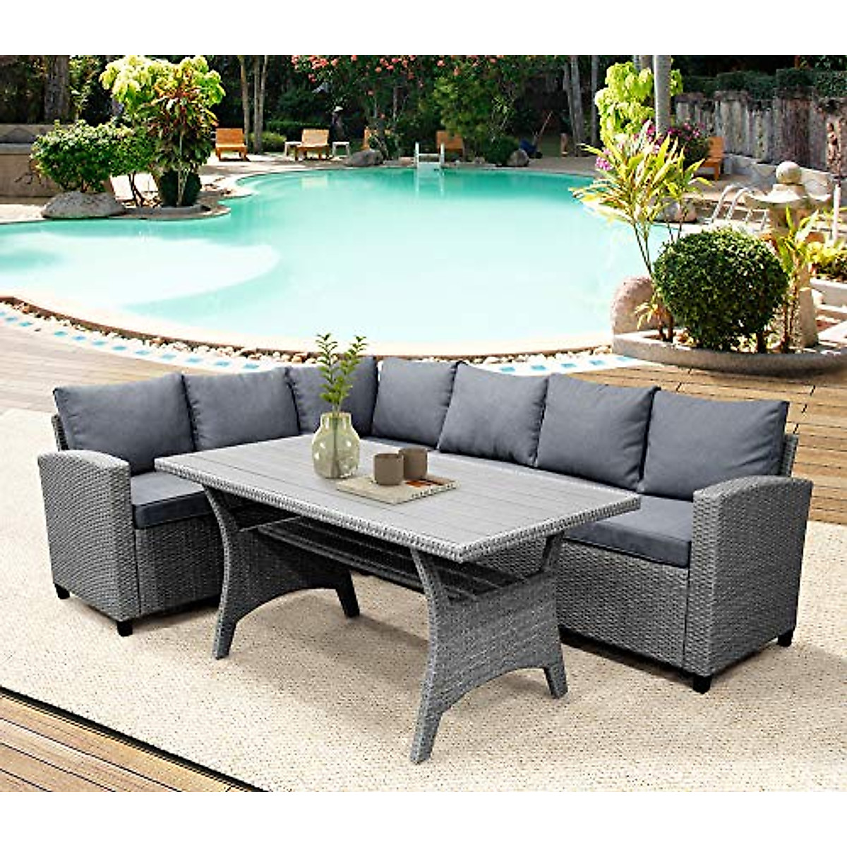 HHOK Patio PE Rattan Wicker Conversation Weather Sectional Sofa Set with Table & Soft Cushions, B-Gray Outdoor Furniture