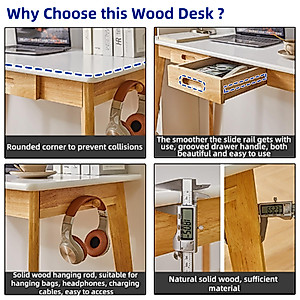 Aibiju Small Computer Desk Table, Wood Writing Desk with Drawer and Hanging Rod, 39x20x30inch Study Desk, Work Desk, Wooden Dining Table White + Natural Wood Legs YD-WD01WN