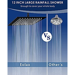 12'' Rain Shower Head with 11'' Adjustable Extension Arm - Eolax Large Rainfall Showerhead Solve Low Water Pressure and Flow - Bathroom Square Shower Heads Made of 304 Stainless Steel - Black