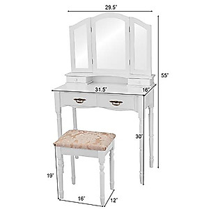 ReunionG Vanity Set w/Stool and Mirror, Multifunction Makeup Table Writing Desk w/Drawers, Trifold Large Mirror and Cushioned Stool, for Home Bedroom Vanity Dressing Table Desk (White)