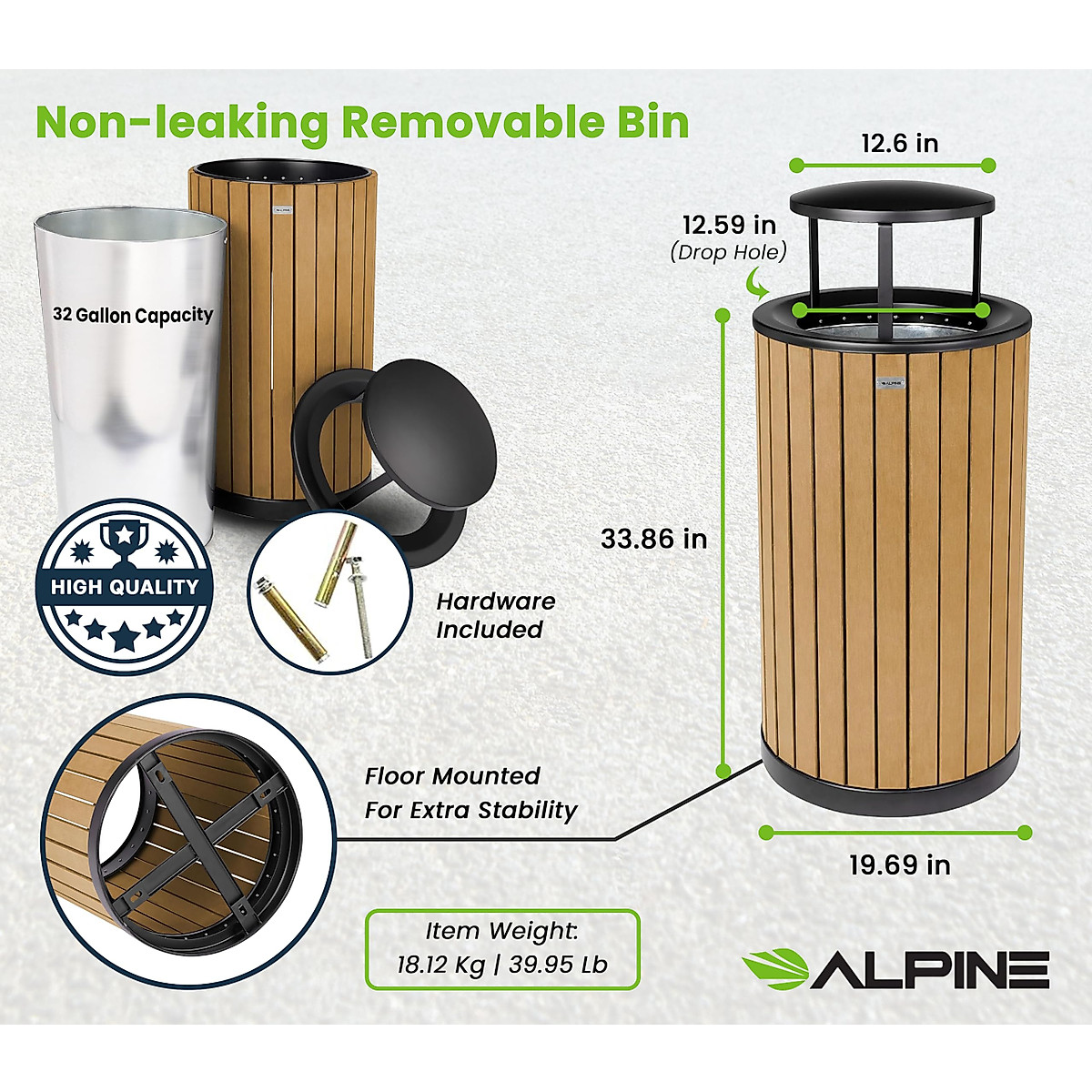 Alpine 32 Gallon Commercial Outdoor Trash Can - Heavy Duty Garbage Can Outdoor, Industrial Trash Can with Plastic Panels for Patio, Parks, Trails & Resorts (Rain Bonnet Lid - Cedar)
