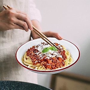 Lawei Set of 4 Enamel Dinner Plates, 10 Inch Round Enameled Camping Plate with Red Rim, Retro Salad Pasta Bowls Enamel Deep Dinner Serving Platter for Dinner, Outdoor, Picnic, BBQ, Butter