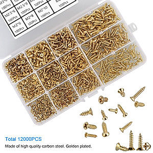 HanTof 1200Pcs Tiny Phillips Flat Head Self Tapping Screws for Wood, Plastic and Soft Metal. M2 M2.5 M3 Small Countersunk Tapper Screws Set for DIY Micro Woodworking Furniture Box. Golden,Carbon Steel