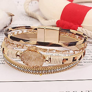 FANCY SHINY Leather Wrap Bracelet Boho Cuff Bracelets Crystal Bead Bracelet with Clasp Jewelry Gift for Women Teen Girls(7.7", Tan Leopard)