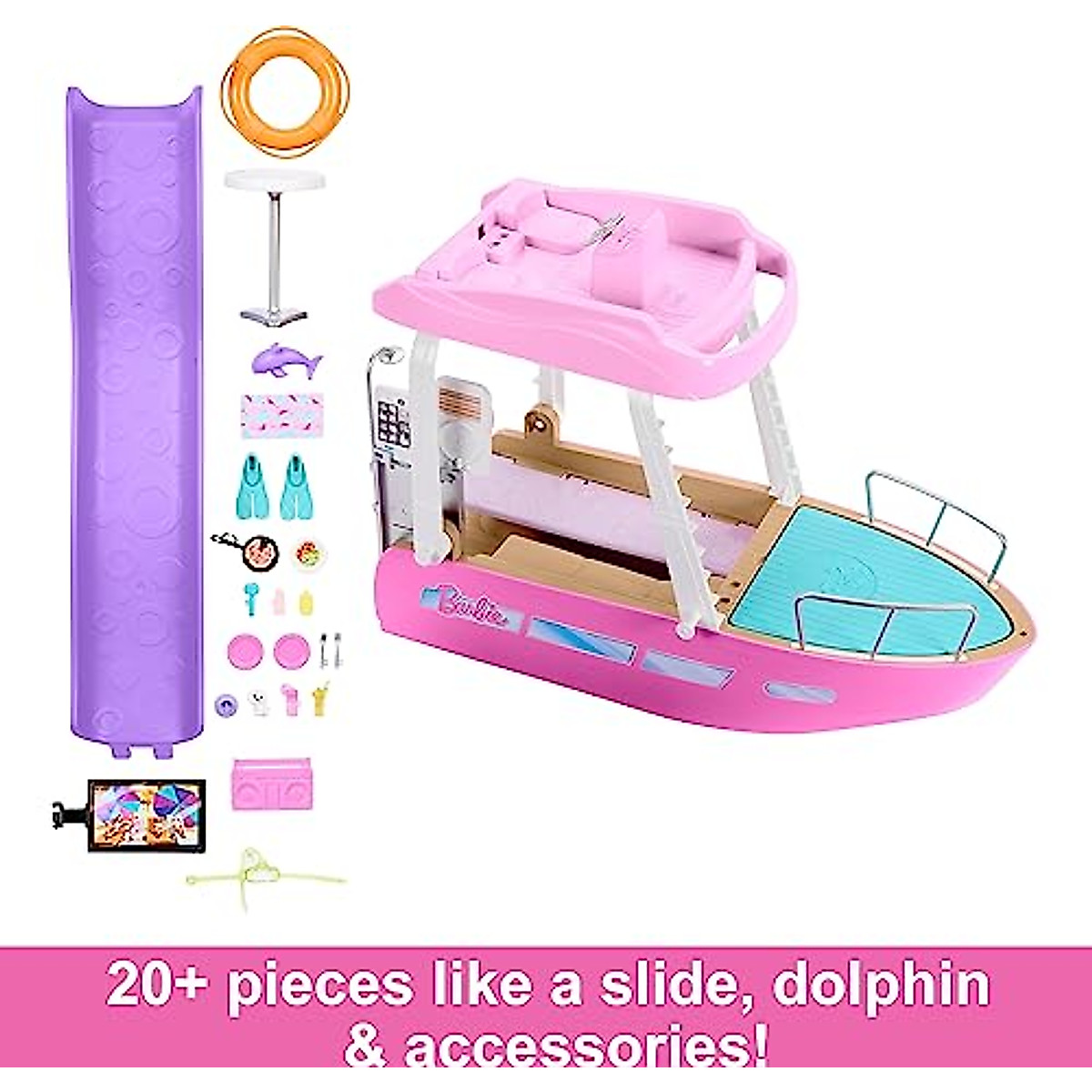Barbie Toy Boat Playset, Dream Boat with 20+ Pieces Including Pool, Slide & Dolphin, Ocean-Themed Accessories