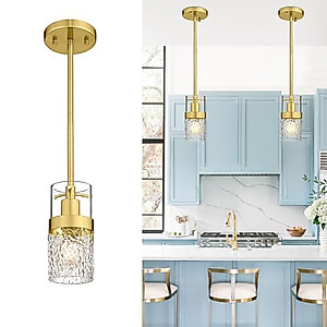 LMS Gold Pendant Light, 1-Light Pendant Lighting for Kitchen Island with Hammered Glass, LMS-171