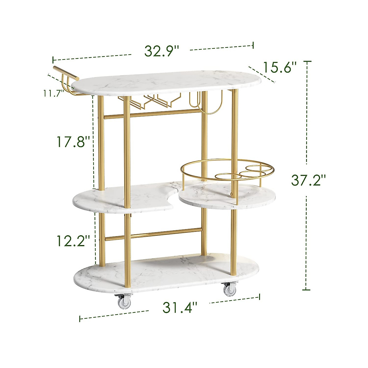 PAUKIN Gold Bar Carts with 4-Tier Storage Shelves, Mobile Bar Serving Cart with Wine Rack and Glass Holder, for The Home, Kitchen, Living Room, Dining Room