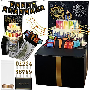 JINSTABAG Money Box for Cash Gift, Birthday Money Pull Box with Music Light DIY Sticker 13th 16th 18th 21th Any Age and Banner, Birthday Decorations for Boys Girls Kids Adult ﻿