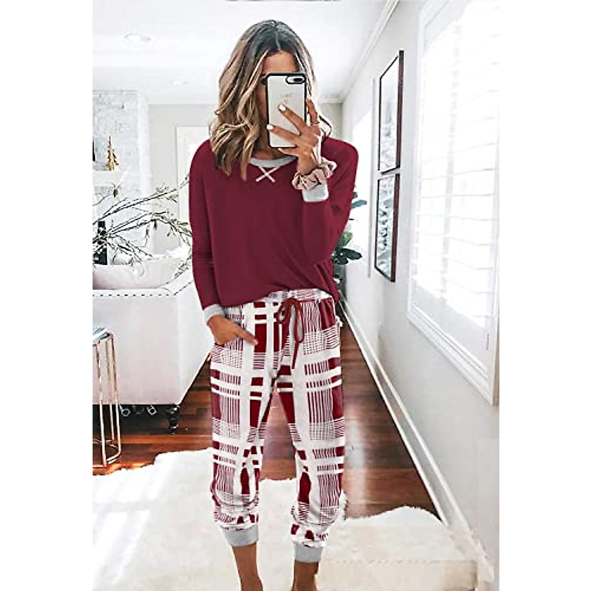 Ekouaer Women's Long Sleeve Pj Soft Crew Neck Pajama Long Sleeve Sweatshirt with Long Pants Red Plaid,Small