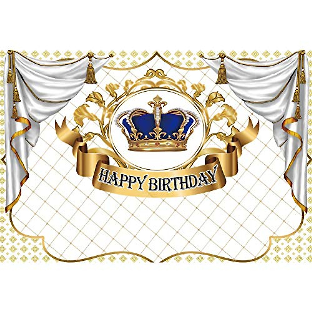 DORCEV 6x4ft Royal Prince Happy Birthday Backdrop Newborn Boys 1st Birthday Party Photography Background Luxurious Blue Gold Crown Lattice Curtain Texture Decor Banner Cake Table Decor Wallpaper
