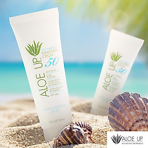 Aloe Up White Collection Sunscreen Lotion SPF 50 - Broad Spectrum UVA/UVB Sunscreen Protector for Face and Body - With Aloe Vera Gel - Alcohol-Free - Reef Friendly - Coco-Mango Fragrance - 4 Oz