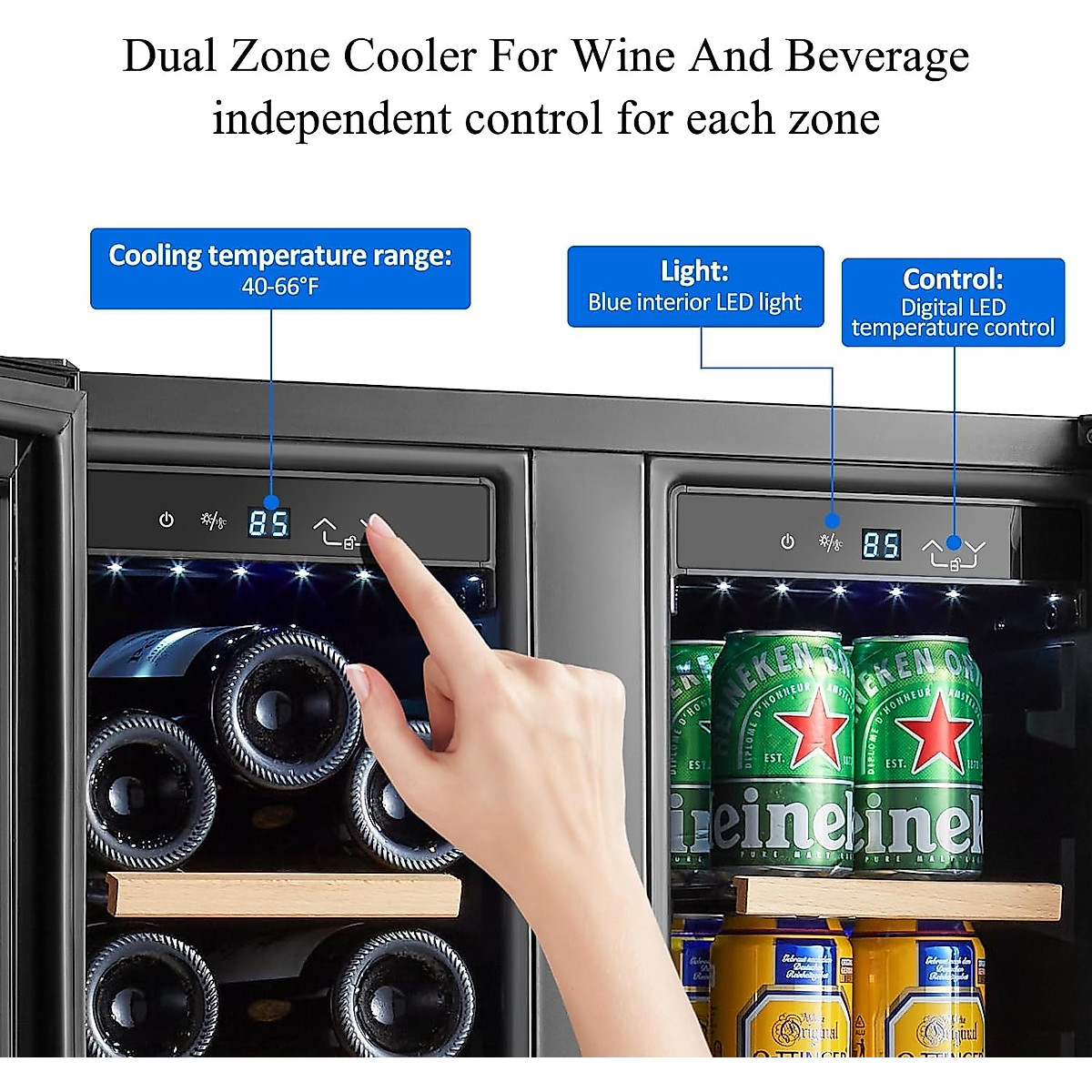 BODEGACOOLER 24 Inch Wine and Beverage Refrigerator, Dual Zone Wine Cooler Refrigerator, Wine and Beer Refrigerator Under Counter Cooling With Compressor,Hold 21 Bottles and 57 Cans [Black]