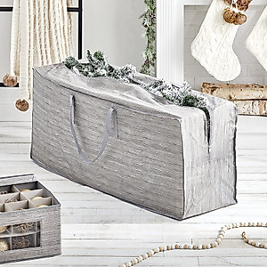 mDesign Extra Large Christmas Tree Storage Bag with Handles - Zippered Storage Tote - Durable Storage Container For Artificial Christmas Tree, Wreaths, Garland and Holiday Decor - Striped, Taupe/Tan