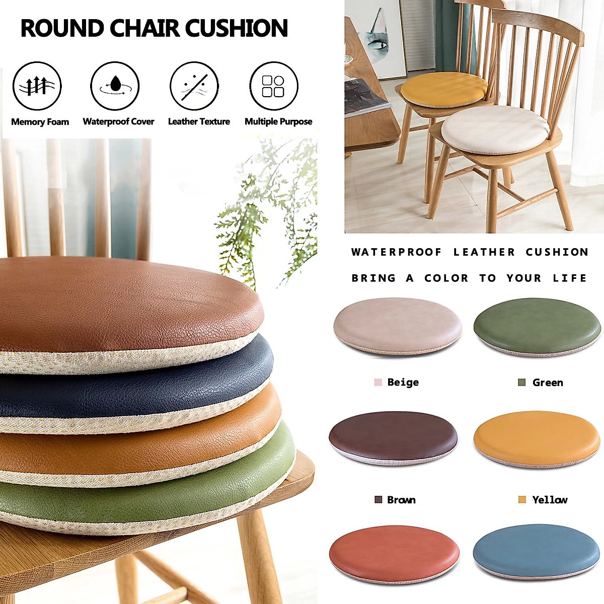 ZIBENE Faux Leather Kitchen Chair Pads, Round Chair Cushions 16 Inch, Seat Cushions for Dining Room Chairs Thick Memory Foam, Waterproof Seat Pads for Chairs Dining Outdoor Indoor Black