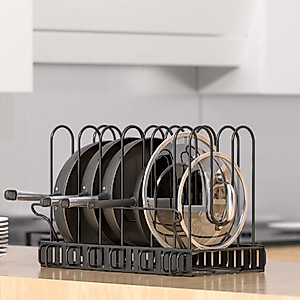 Vdomus Pan Organizer with Pot lid Holder Handle Bracket Design, Black Metal Kitchen Pot and pan organizer rack for cabinet or Counter, pot organizer with 7 adjustable dividers