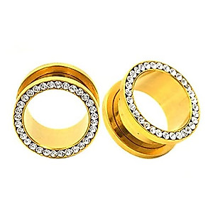 Screw-on 24k Gold PlatedPlugs/Gauges/Tunnels with Clear CZ 15/16'' (24MM) 2 Pieces (1 Pair) (A/5/3/A/10)