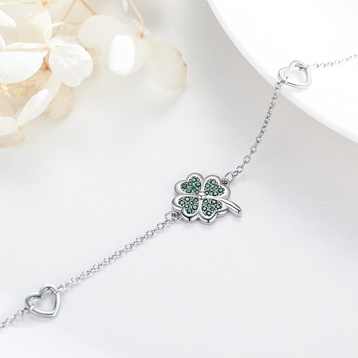 Midir&Etain Four Leaf Clover Bracelet 925 Sterling Silver St Patricks Day Irish Jewelry Gifts Prom Crystal Heart Bracelet for Lover Women Wife