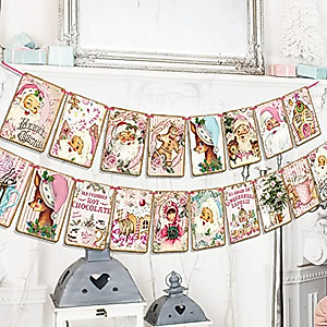 Pink Christmas Decorations Vintage Style Santa Claus Elk Gingerbread Banner Merry Christmas Hanging Banner for Home Office Party Fireplace Christmas Party Supplies