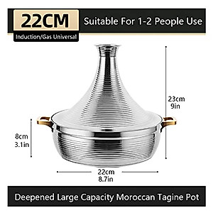 Moroccan Tagine Pot, 22cm Stainless Steel Tajine Stew Casserole Slow Cooker Tagine Cooking Cookware with Cone-Shaped Closed Lid for 1-2 People,Silver