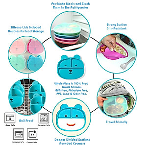 ANKSO Innovations 2 Pack-Silicone Suction Toddler Plates with Lids Divided| Baby Plates with Suction and Lids| BPA Free| Microwave/Dishwasher Safe| Divided Plates for Kids (Blue/Green)