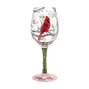 Enesco Designs by Lolita Cardinal Bird with Cherry Blossoms Beauty Artisan Hand-Painted Wine Glass, 1 Count (Pack of 1), Multicolor