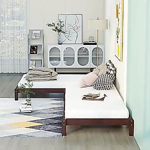 Harper & Bright Designs Twin Bed Frame, Double Platform Bed Twin Size, Solid Wood Daybed Frame, 2 Twin Beds, Stackable Bed for Bedroom Living Room Furniture (Walnut)