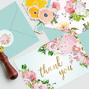 Whaline 36Pcs Floral Thank You Cards with Envelopes and Stickers Tea Party Greeting Cards Flower Teapot Blank Note Cards for Tea Party Weddings Bridal Shower