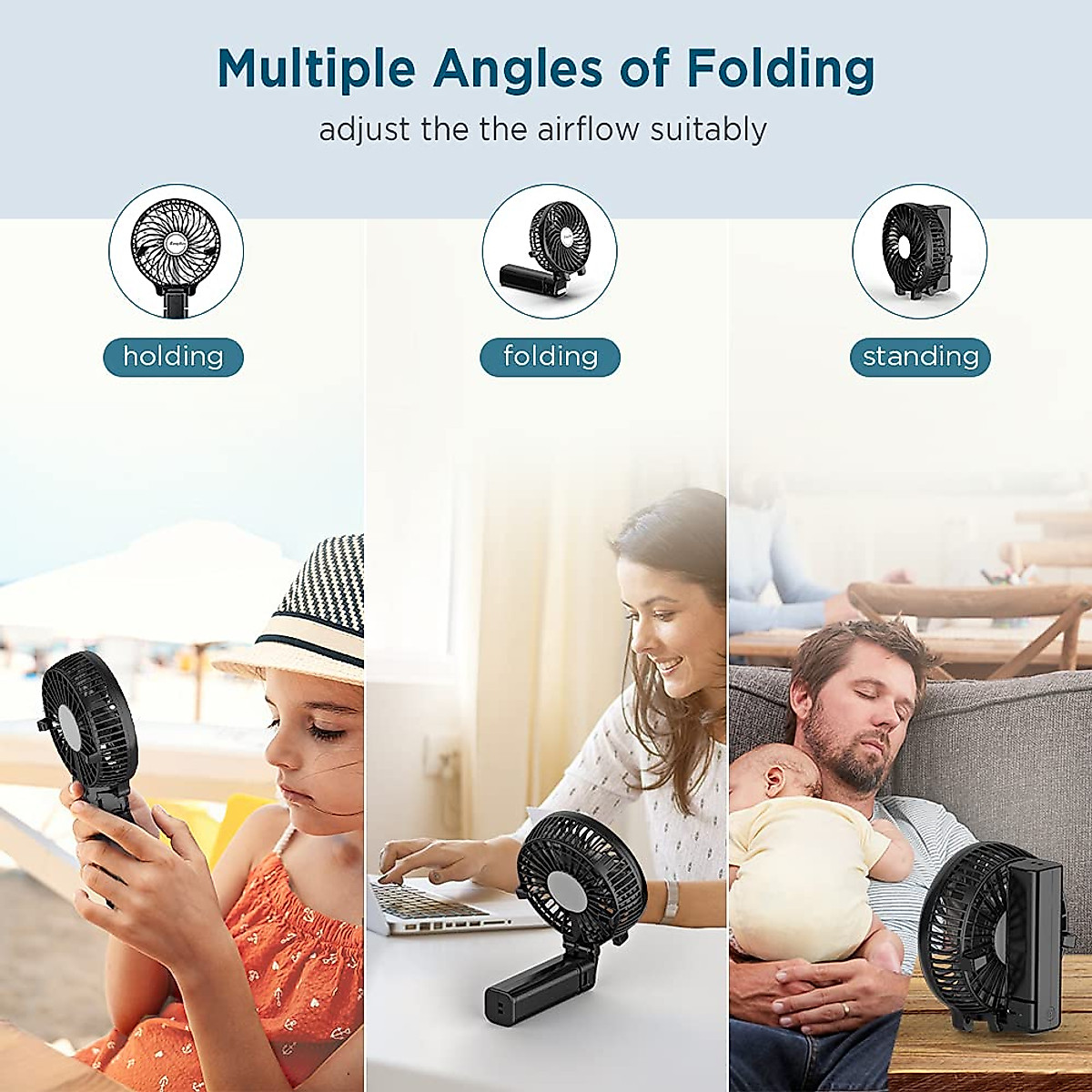 EasyAcc Mini Handheld Fan, Portable Fan Small USB Desk Fan Personal Hand Fan 3 Speed 10H Working Hours Rechargeable Battery Cooling Folding Fan for Travel Outdoor Office Household