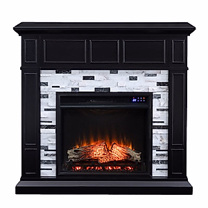 BOWERY HILL Modern Wood-Marble Electric Fireplace in Black Finish