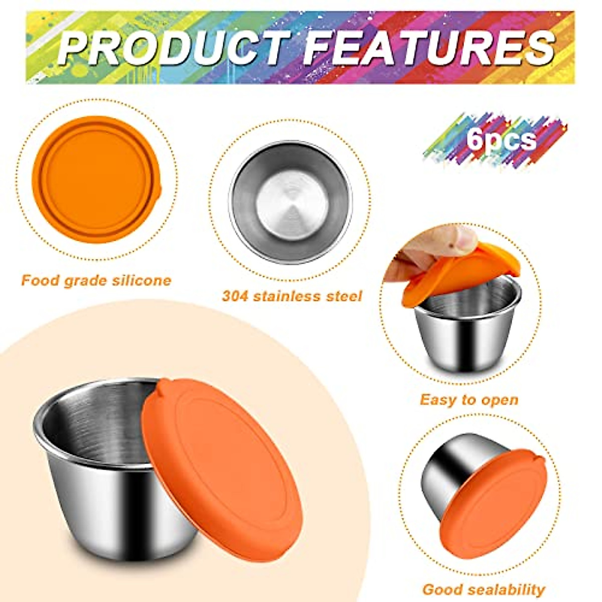 Frenflu Salad Dressing Container To Go, 6 X1.6oz Salad Container For Lunch, Stainless Steel Condiment Containers With Lids, Reusable Salad Dressing Container