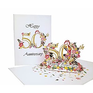 iGifts And Cards Happy 50th Milestone Anniversary 3D Pop Up Greeting Card - Marriage, Soulmates, Celebration, Being Together, Golden, Congratulations, Romantic, Lovebirds, Love and Happiness