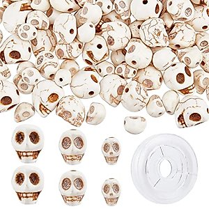 SUNNYCLUE 1 Box 200Pcs 3 Sizes Skull Beads Bulk Skeleton Head Bead Synthetic Turquoise Gemstone Halloween Beads for Jewelry Making Bead Assortment Beading Bracelet Kit White Stone Necklace Supplies