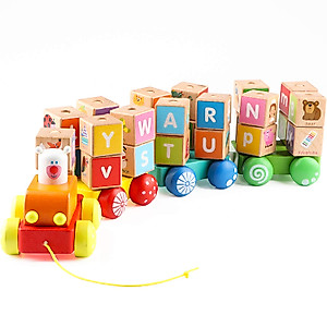 Garlictoys ABC Wooden Block Cart Sorting Stacking, Wood Alphabet Blocks Building Games Montessori Preschool Learning Educational Toys for Baby Stacking.Great Gift for Girls and Boys for 3+ Years Olds.