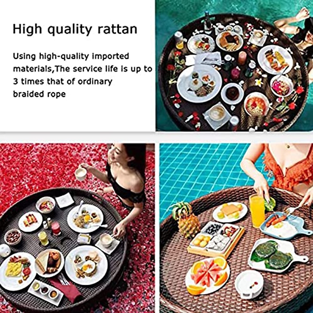 ENPAP Round Rattan Woven Serving Tray Rattan Floating Breakfast Tray with Handles,Swimming Pool Floats,for Pool Serving Drinks,Brunch,Food on The Water (Color : Black, Size : 80cm)