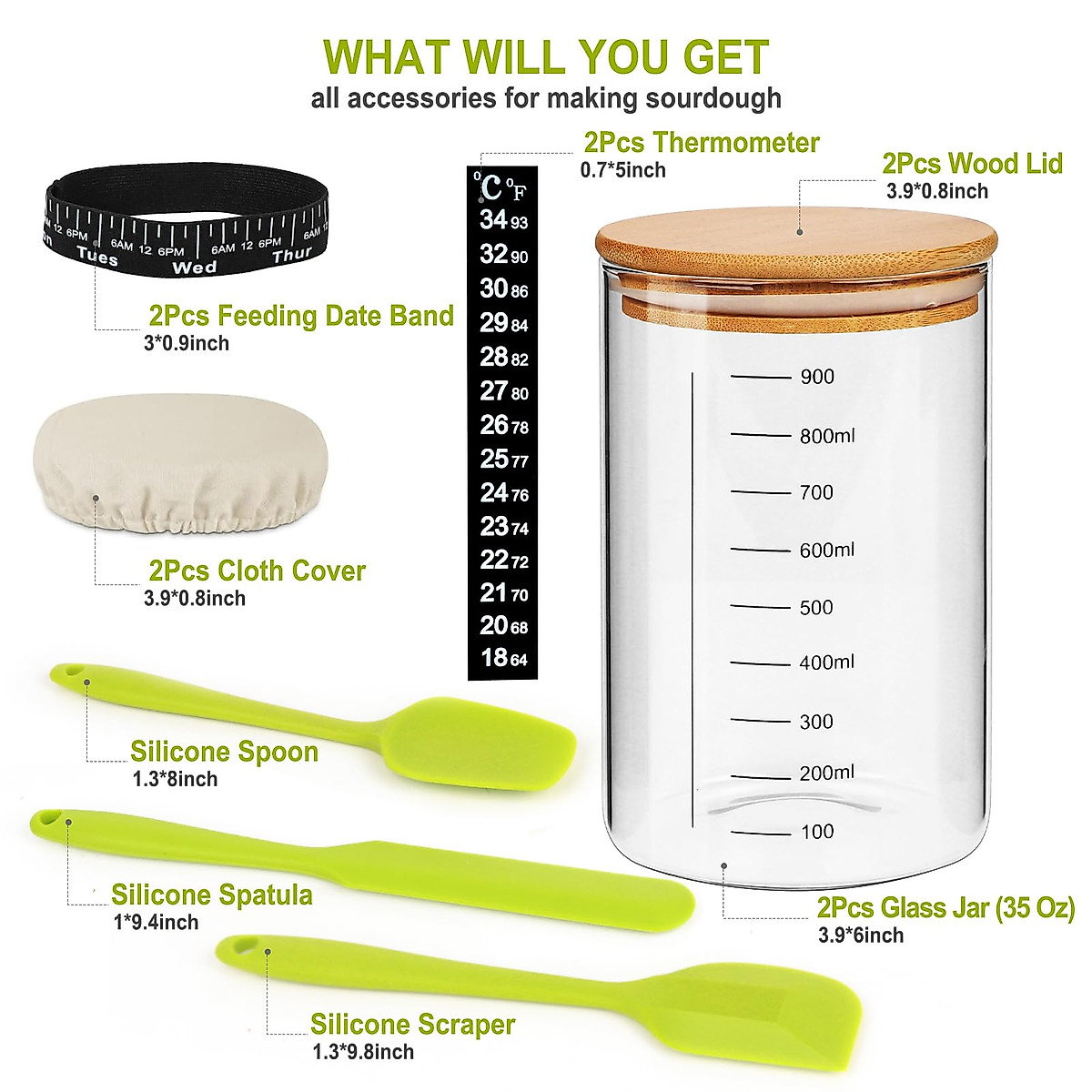 2 Packs Sourdough Starter Kit with 32 Oz Glass Jar, Sourdough Starter Jar Kit with Thermometer, Feeding Date Band, Silicone Tool, Reusable Sourdough Baking Supplies for Beginner Making Sourdough Bread