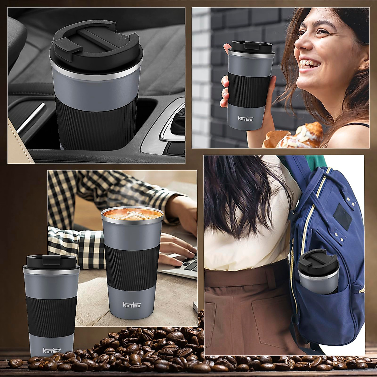 KETIEE Travel Coffee Mug Spill Proof 12oz, Insulated Coffee Mug to Go, Thermo Hot Coffee Tumbler, Reusable Coffee Cups with Seal Lid, Vacuum Stainless Steel Coffee Travel Mugs for Hot/Ice Coffee Tea
