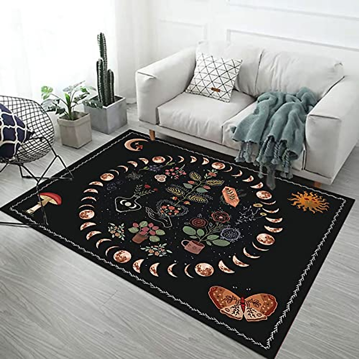 LGGQQW Black Starry Botanical Sun Moonlit Mushroom Area Rug Floral Hippie Moon Phase Carpet for Aesthetic Color 24inch x 36inch