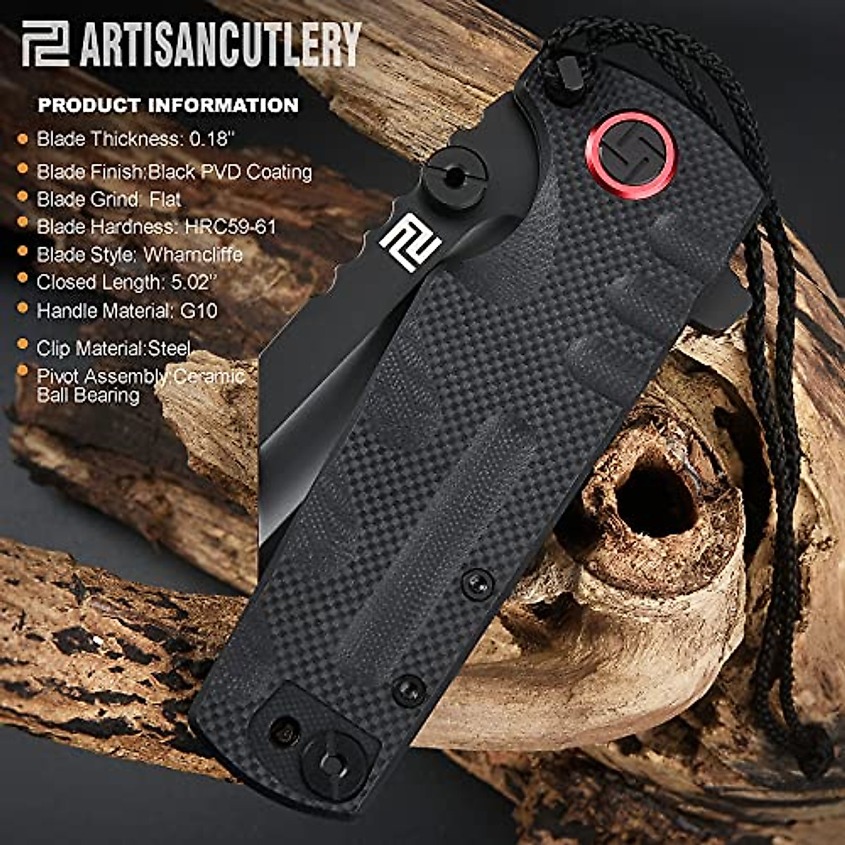 ARTISANCUTLERY Tactical Knife Proponent (1820P) D2 Steel Black PVD Blade Black G10 Handle Pocket Knife Folding Knife EDC Knife