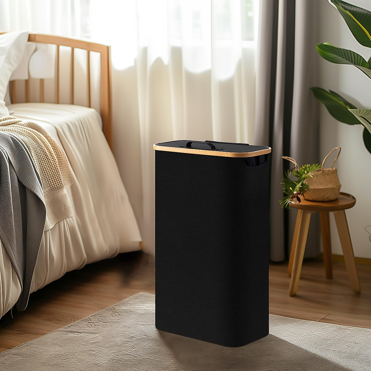 joybest 63L Slim Laundry Hamper with Lid, Black Narrow Laundry Basket with Removable Inner Bag & Bamboo Handles, Skinny Dirty Clothes Hamper for Bathroom, Bedroom & Laundry Room