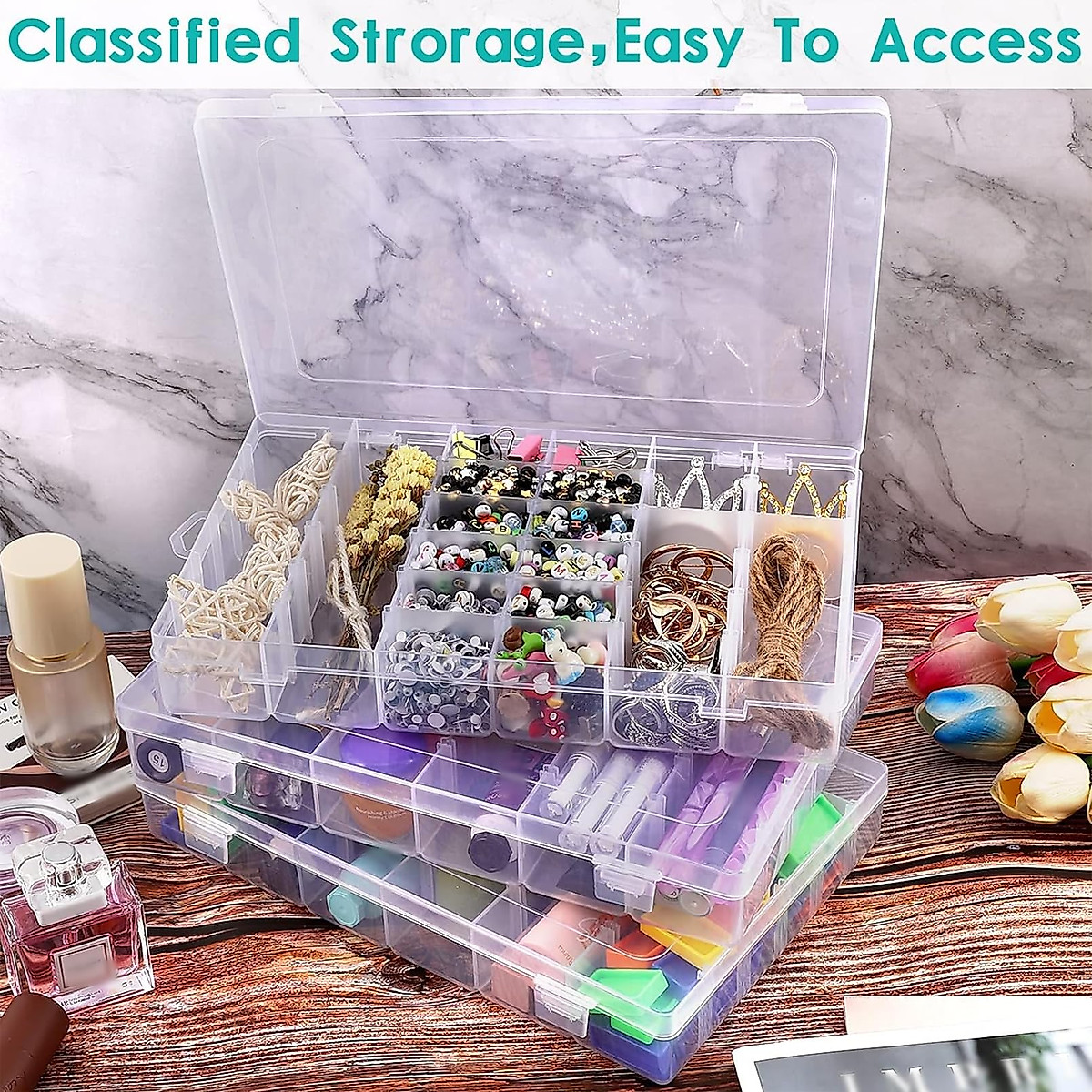 PLMMOUT 4 Pack Clear Plastic Organizer Box,36 Grids Clear Bead Organizer with Adjustable Divider for Bead Art DIY Craft Jewelry Fishing with 512 Label Stickers