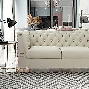 kevinplus Velvet Chesterfield Sofa Couch for Living Room, Modern Tufted 3-Seat Upholstered Sofa Couch for Apartment Bedroom Dorm Office Studio, Gold Metal Legs, Beige