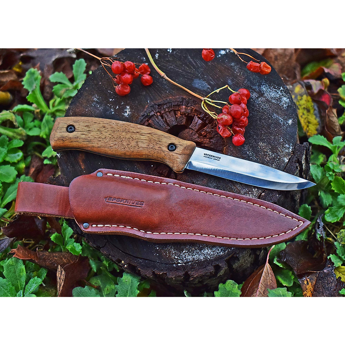 BPS Knives Set HK1S and BS3S Set - Carbon Steel Knives Full Tang Knives with Leather Sheaths Scandi Grind Camping Bushcraft Knives Bushlore