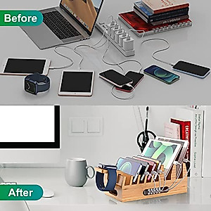 Pezin & Hulin Bamboo Charging Station Organizer for Multiple Devices & Wood Desktop Docking Charging Stand Such As Cell Phone, Tablets, Phone Case and Watch Stand (No USB Charger)